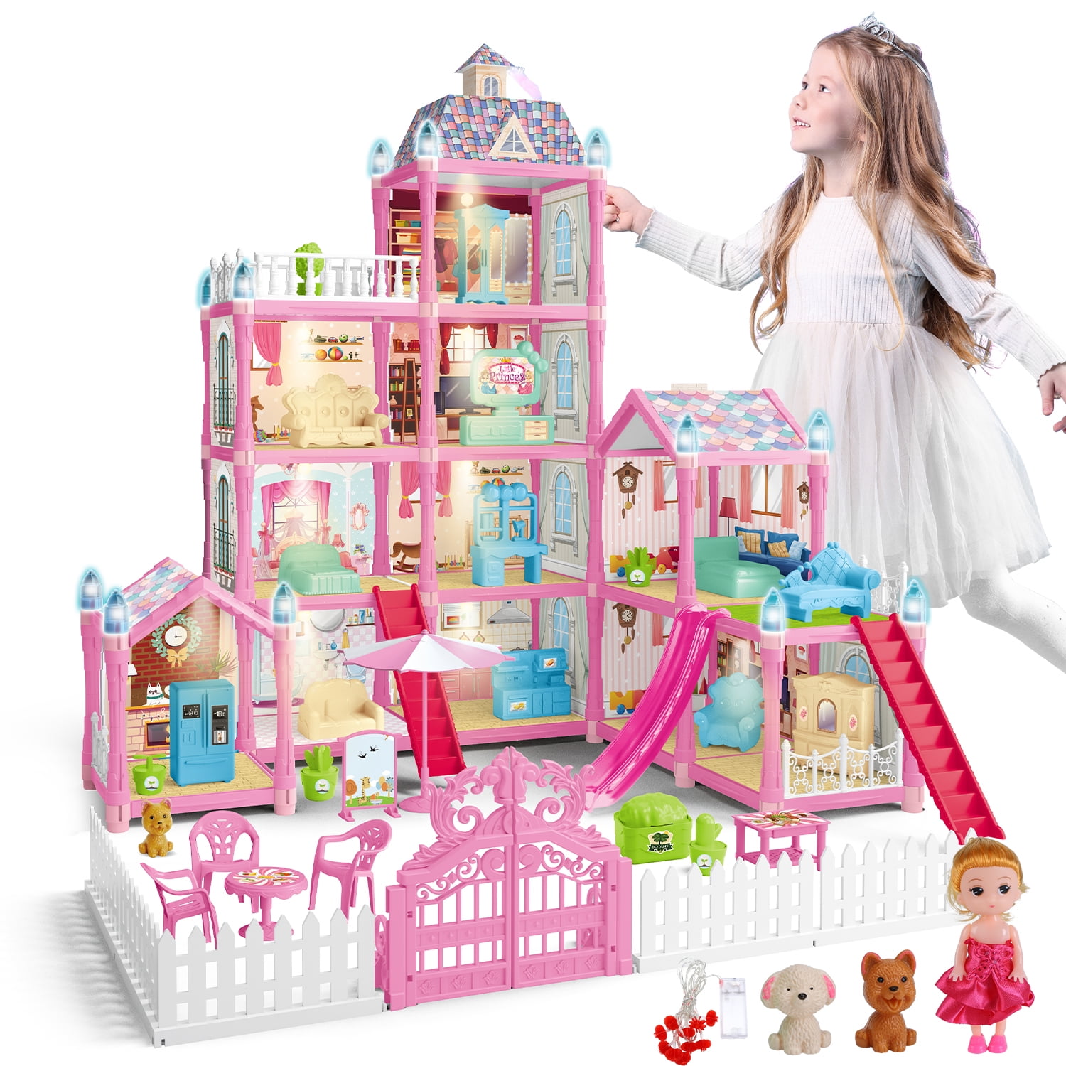 JoyStone Mansion Dollhouse Playset, 4 Story, 11 Rooms, LED Lights ...