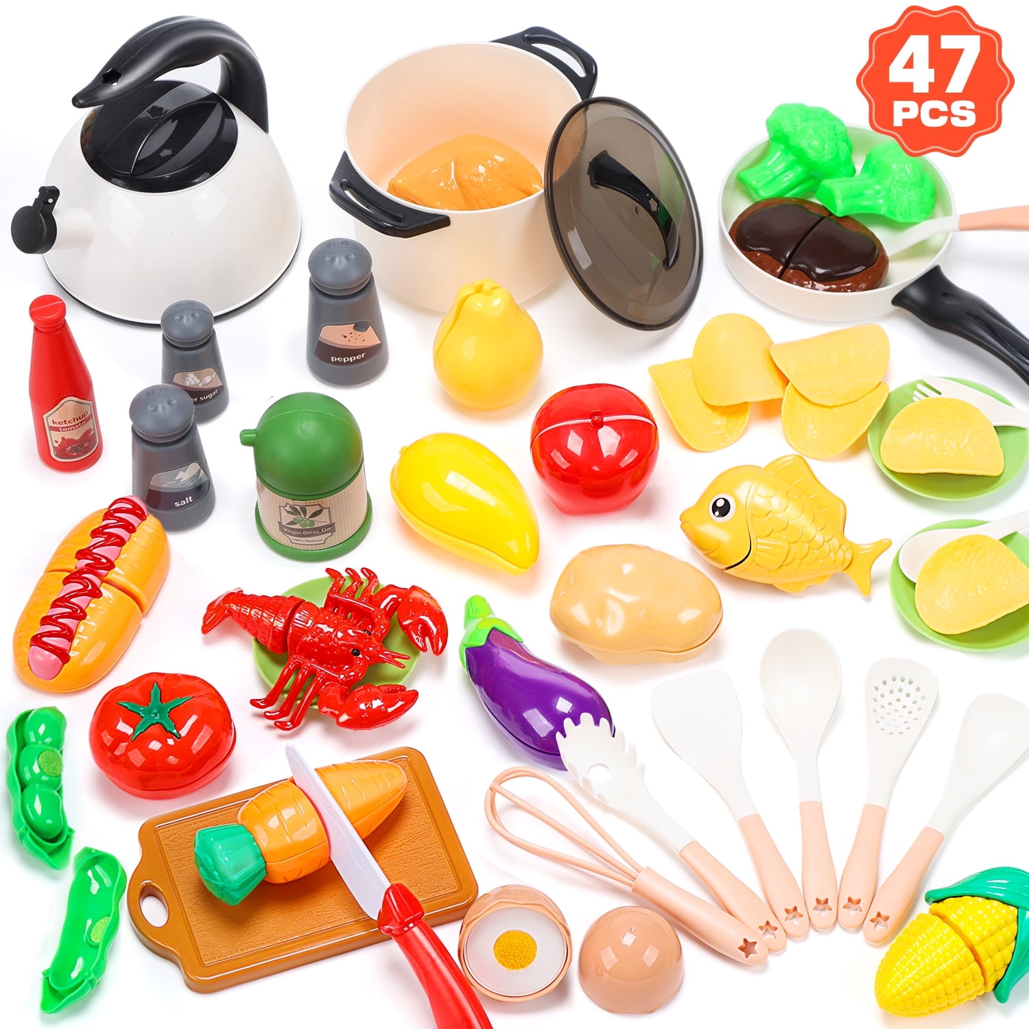 JoyStone 45PCS Play Kitchen Cooking Set for Kids, Pretend Kitchenware ...