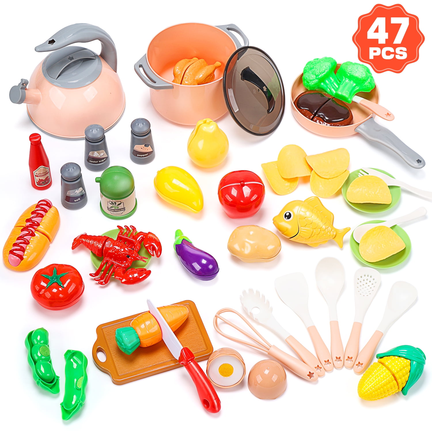 JoyStone 44Pcs Kitchenware Set, Kids Pretend Play, Toy Food, Pots ...