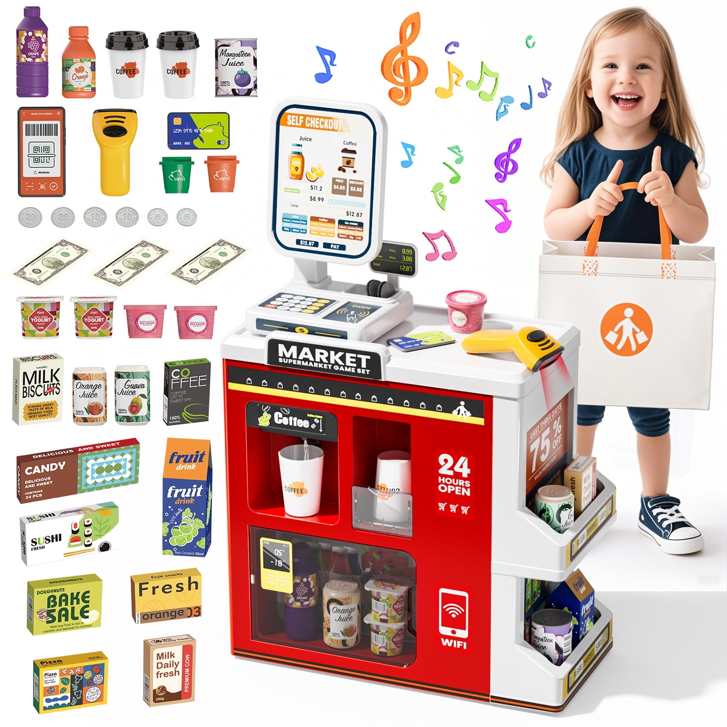 JoyStone 47PCS Pretend Play Cash Register Toy with Lwith Storage Bag ...