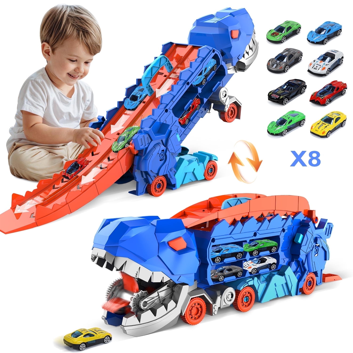 JoyStone Dinosaur Transport Truck Toy with 8 Metal Cars, 3-in-1 Dino ...
