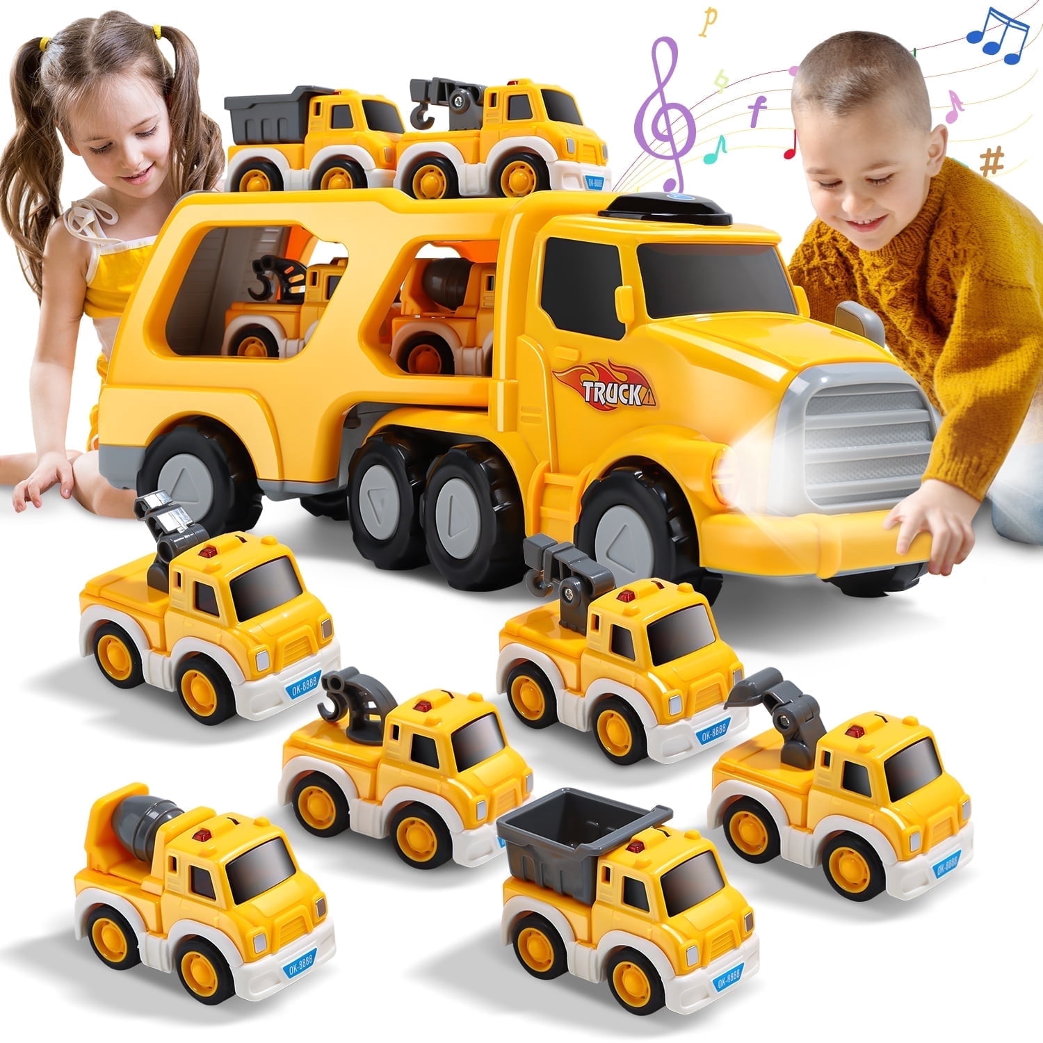 JoyStone 7-in-1 Construction Carrier Truck Transport Toy for Kids with ...
