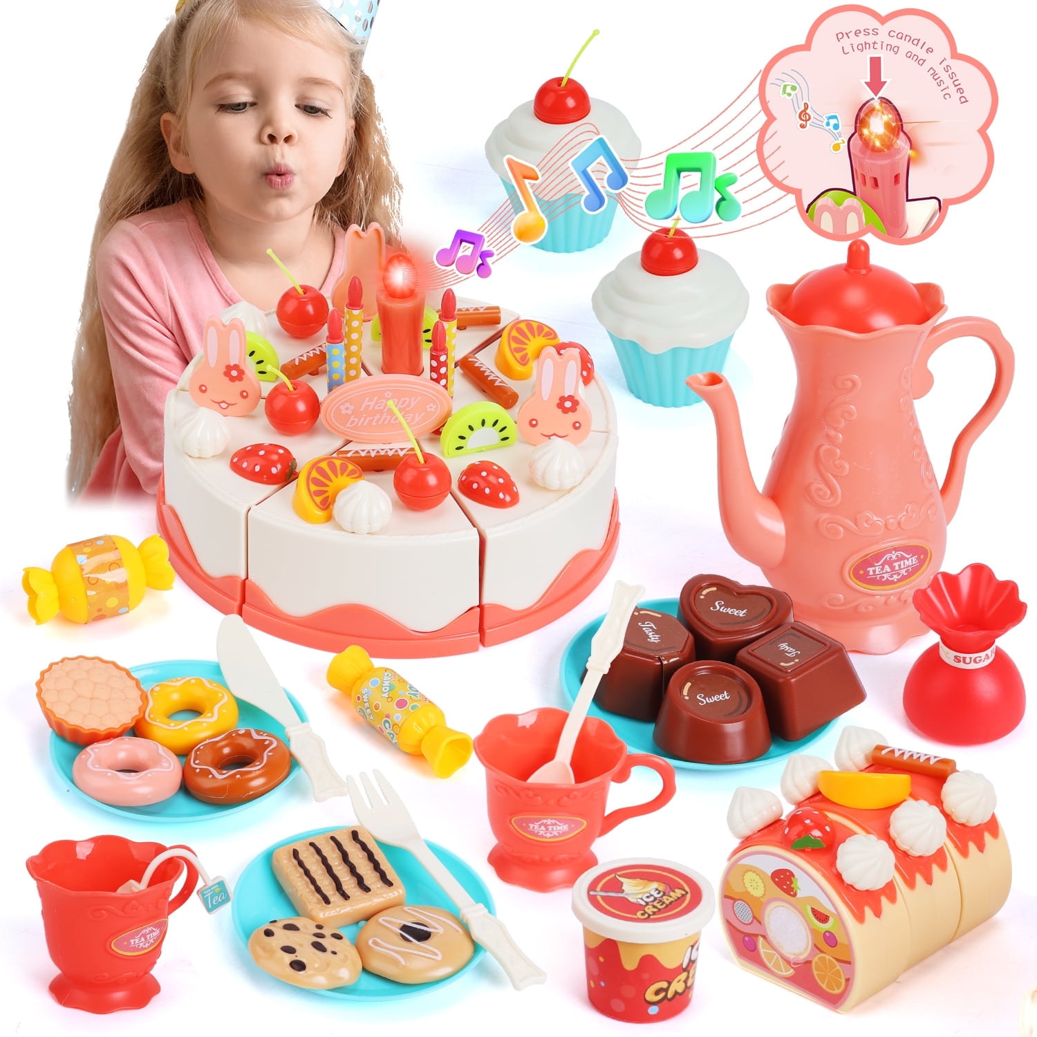 JoyStone 82 PCS Birthday Cake Toys Set, Pretend Play Tea Party Dessert ...