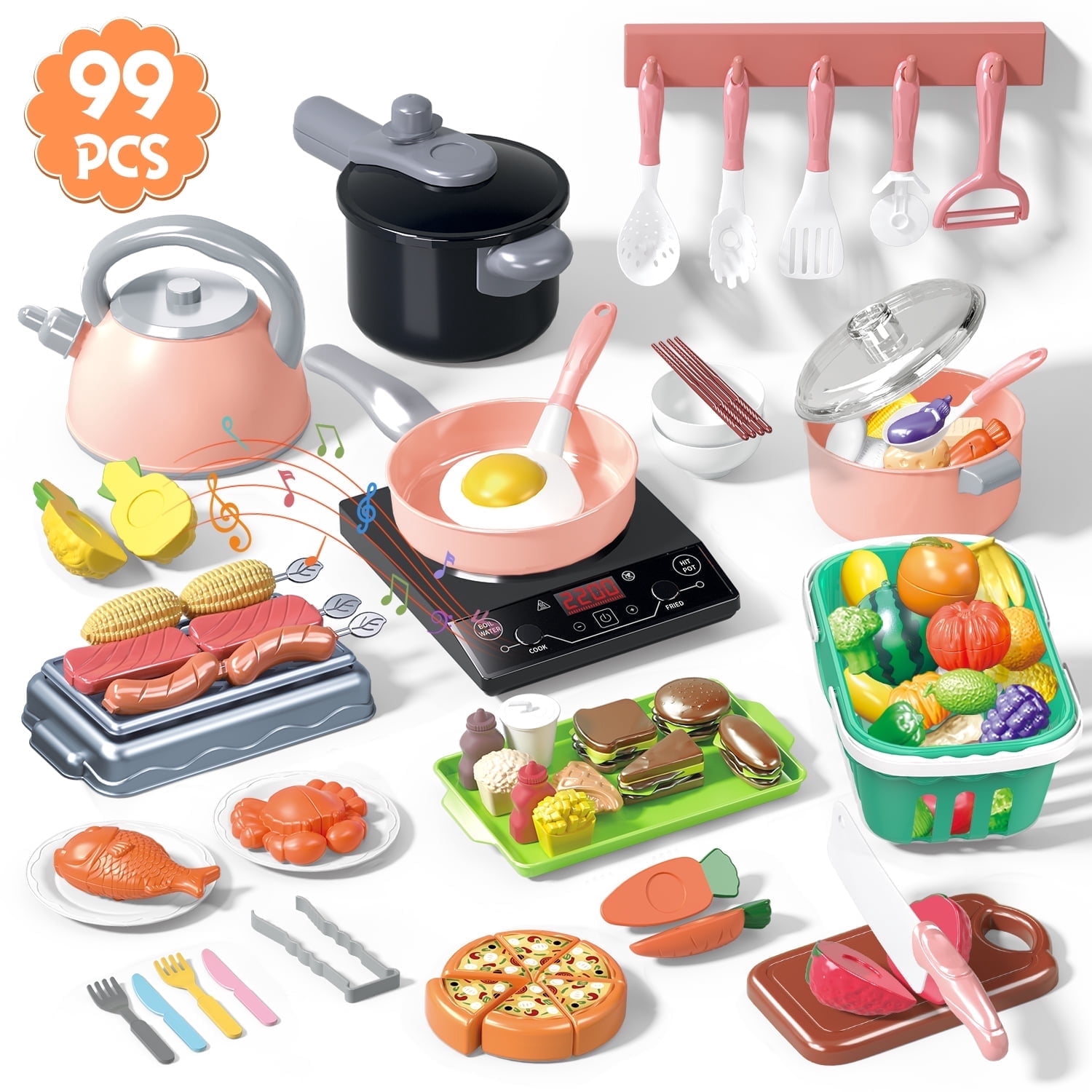 JoyStone 99PCS Kids Kitchen Toy Cookware with BBQ Play Food Toy Set ...