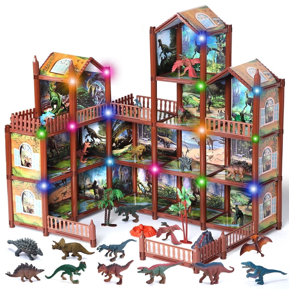 JoyStone Dinosaur Dollhouse with 14 Rooms and Mountain Playset ...