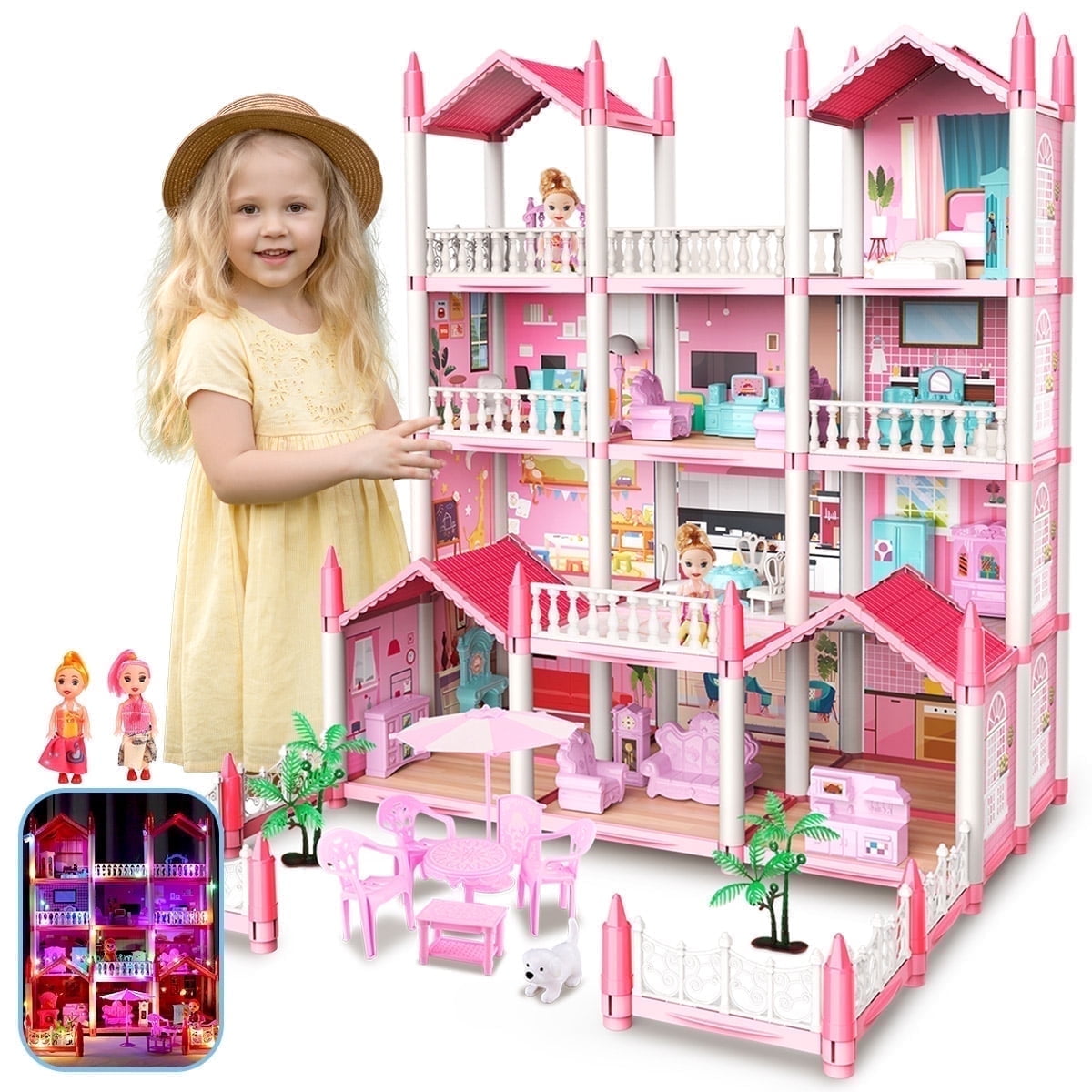 WowSmile Deluxe Doll House with 14 Rooms, 3 Dolls, Furniture, Slide ...