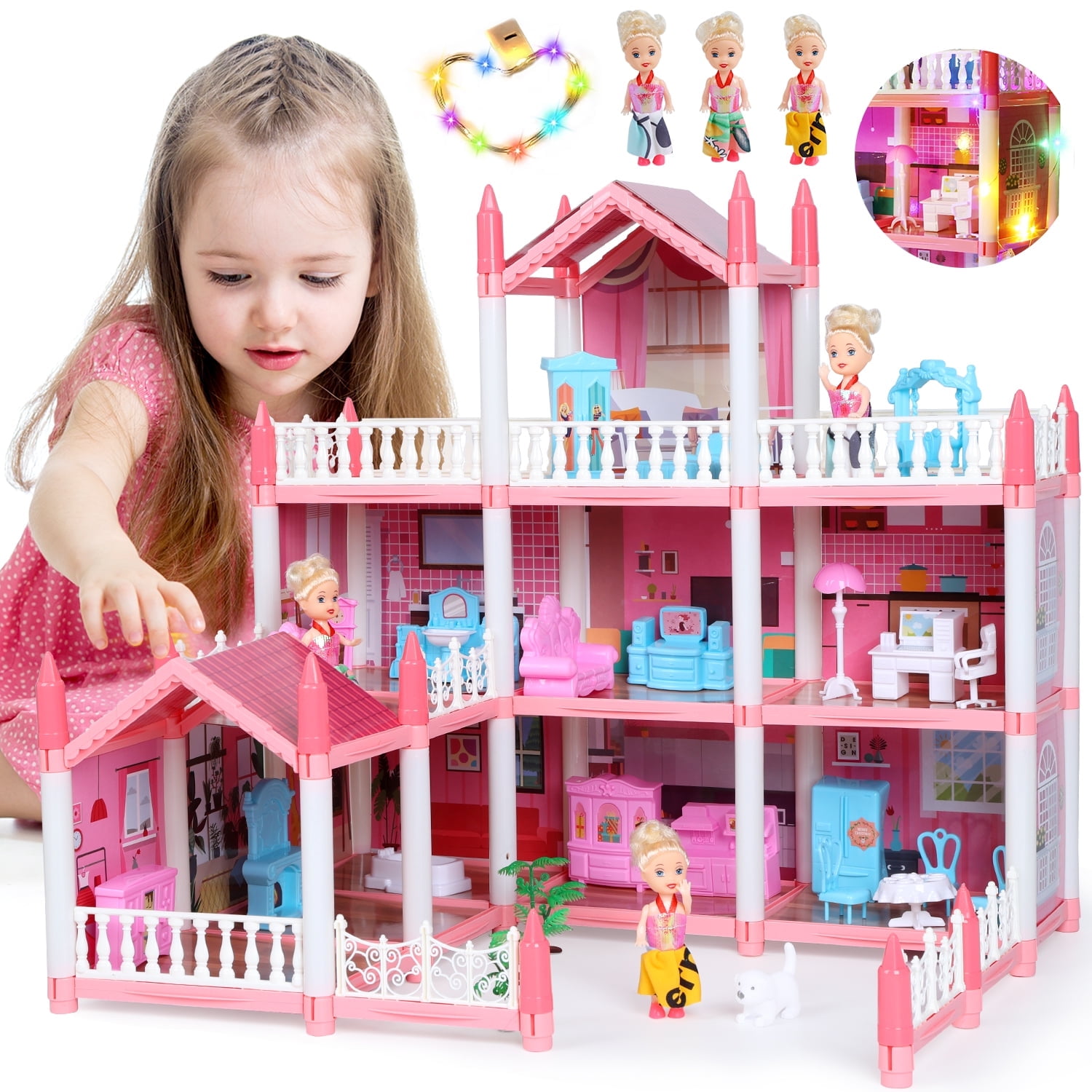 JoyStone DollHouse with Colorful Light, Pretend Play Toddler Doll House ...