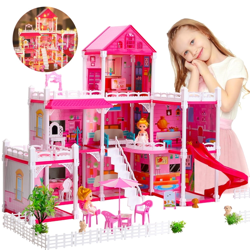 JoyStone DollHouse with Colorful Light and 8 Rooms for Girl, Huge Doll ...