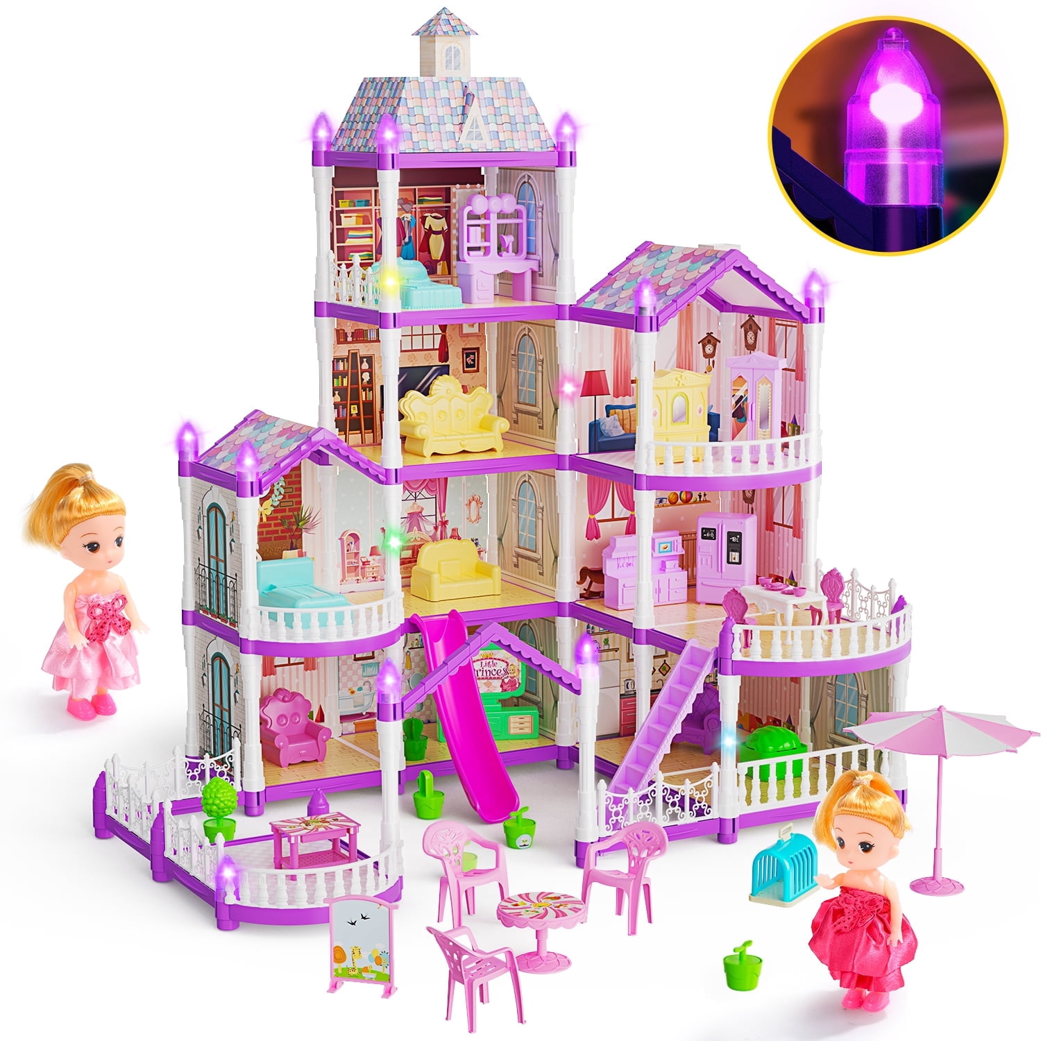 JoyStone DollHouse with Colorful Light and 10 Rooms for Girl, Huge Doll ...