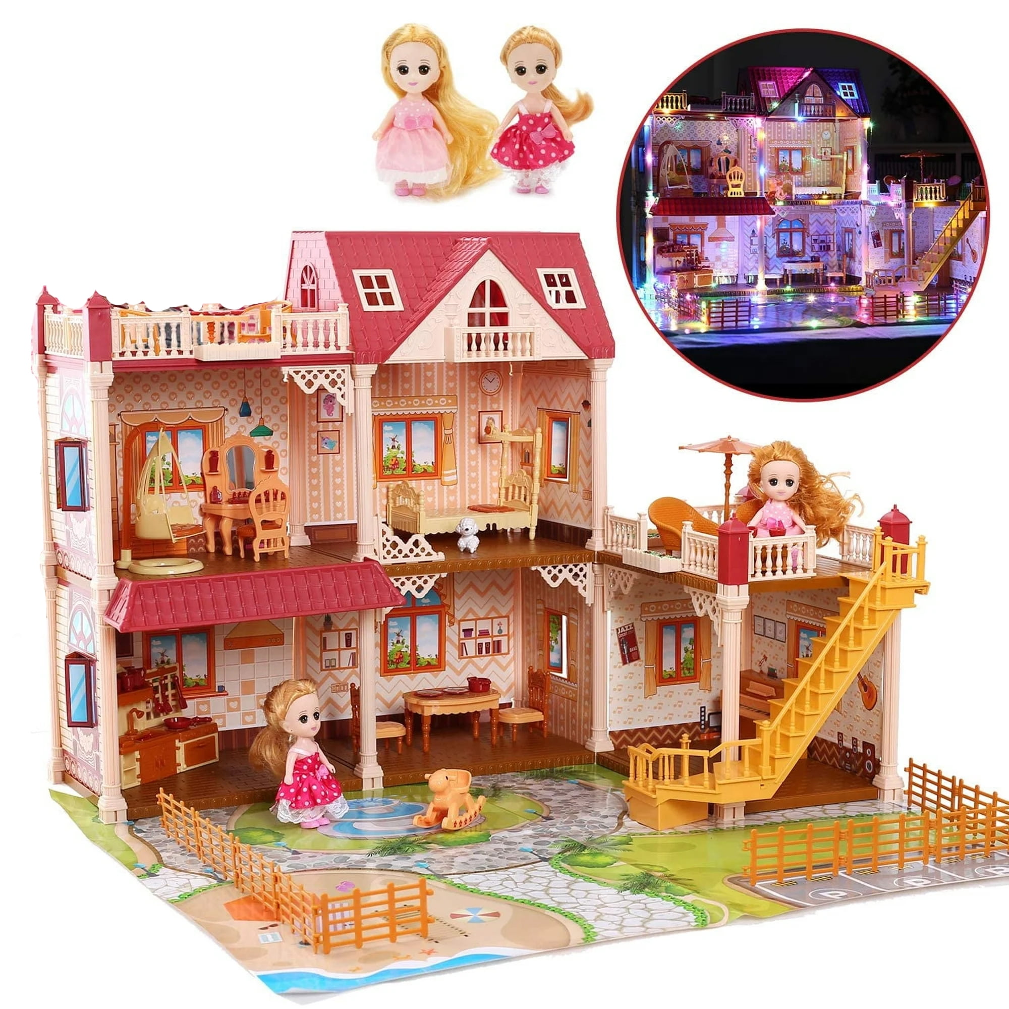 JoyStone Deluxe Dollhouse, 11 Rooms, 4 Dolls, Furniture, Light & Slide ...