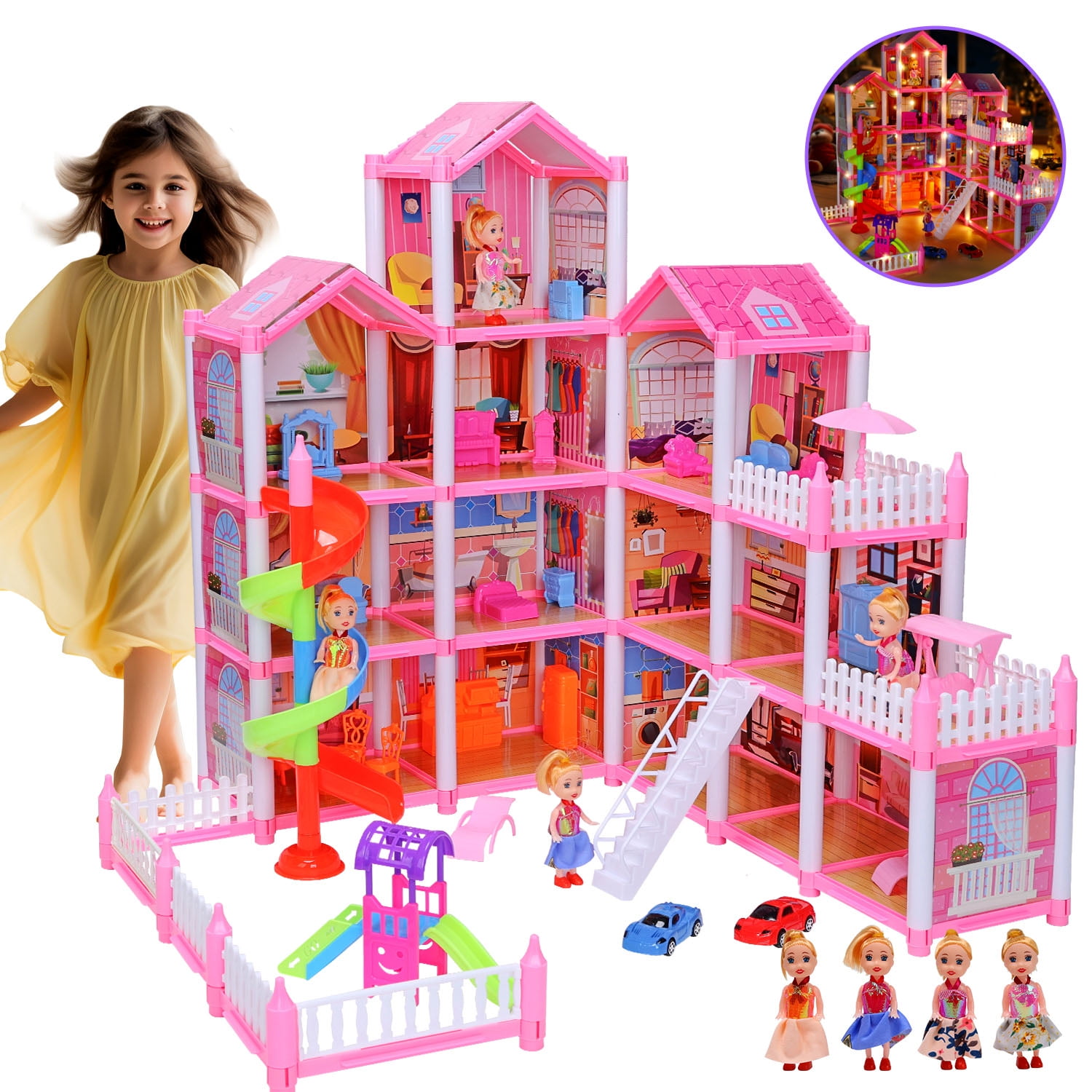 JoyStone Dream Dollhouse, 13 Rooms Castle Playhouse with 4 Little ...