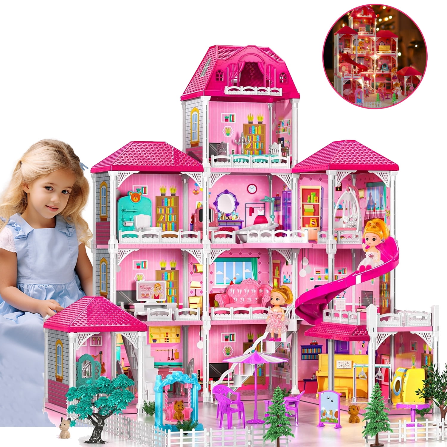 JoyStone Dollhouse with Lights, 4-Story 12 Rooms Huge Doll House with 4 ...