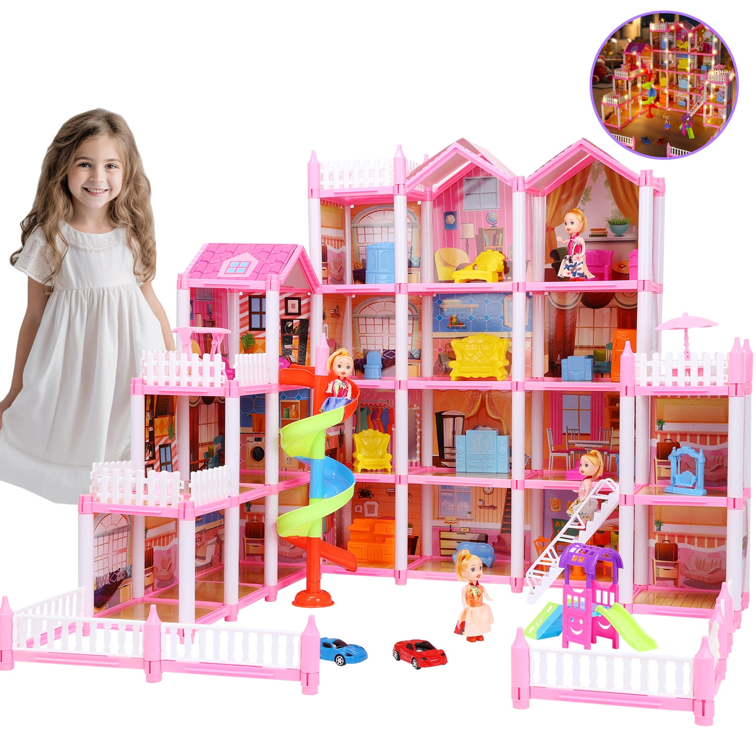 JoyStone Deluxe Mini Dollhouse, 20 Rooms with 4 Dolls, Furniture, Light ...