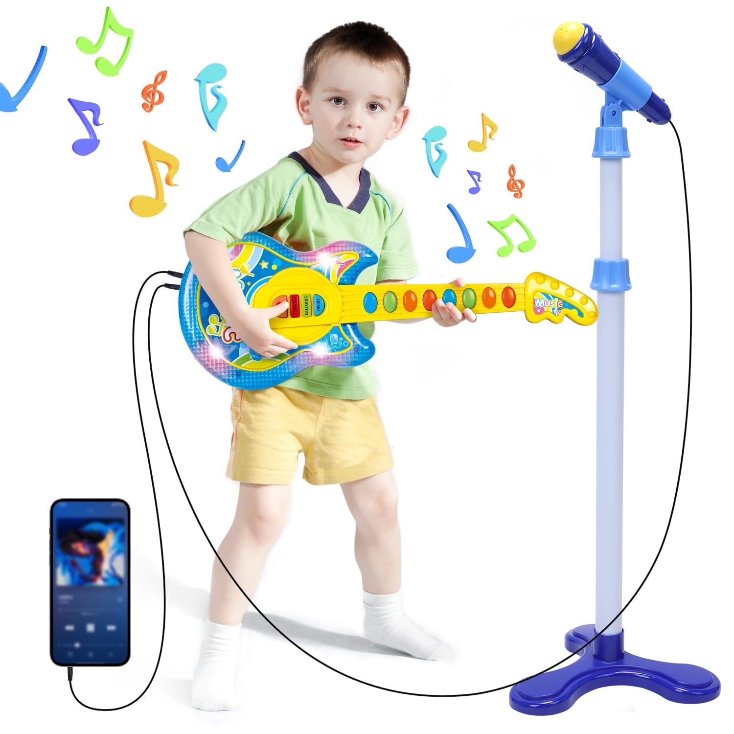 JoyStone Kids Electric Guitar and Microphone Set, Adjustable Mic Stand ...