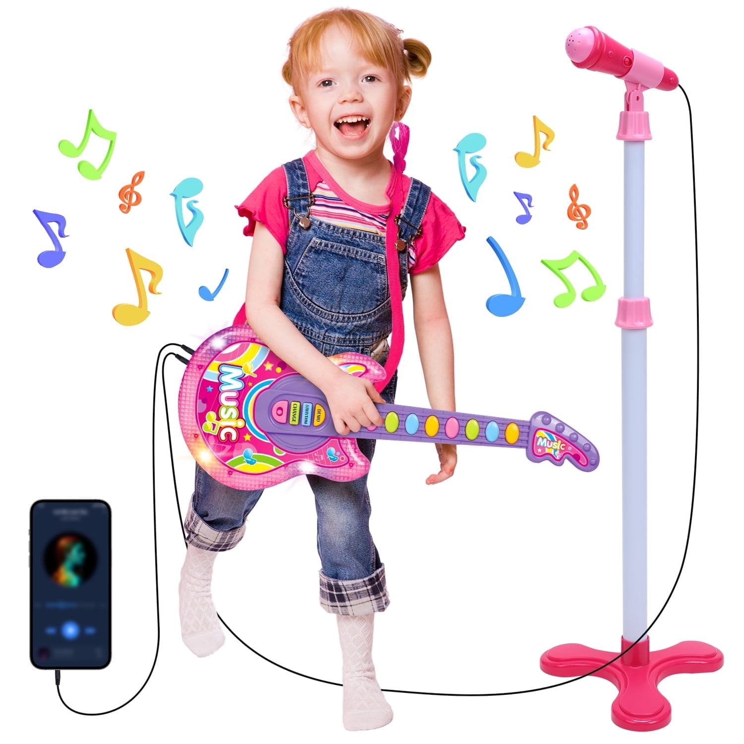 JoyStone Guitar and Microphone Set for Kids, Pink, Adjustable Mic Stand ...