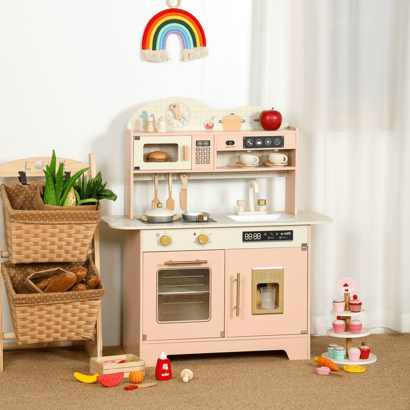 JoyStone Wooden Play Kitchen Set, Pretend Kitchen Toy with Ice Maker ...