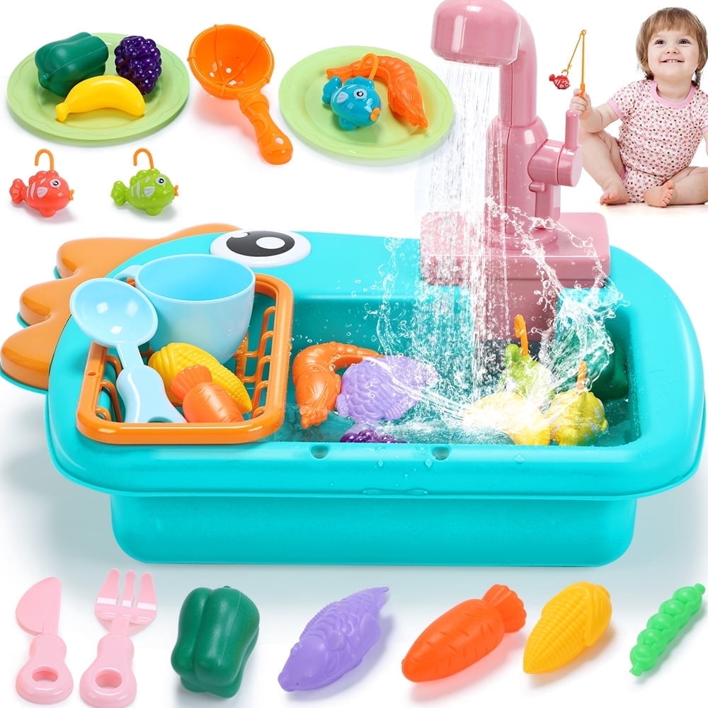 JoyStone Dinosaur Kitchen Play Sink, Green Toy Sink with Running Water ...