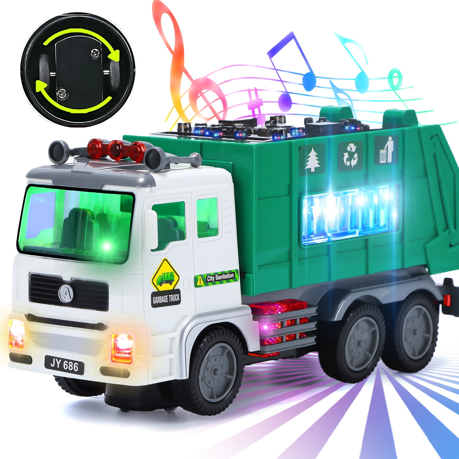 JoyStone LED Garbage Truck Toy with Openable Cover for Bump & Go Mode ...