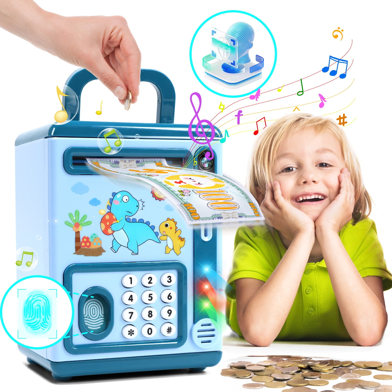 JoyStone Piggy Bank Toy with Light & Sound, Electronic Mini ATM Savings Machine Fingerprint ...