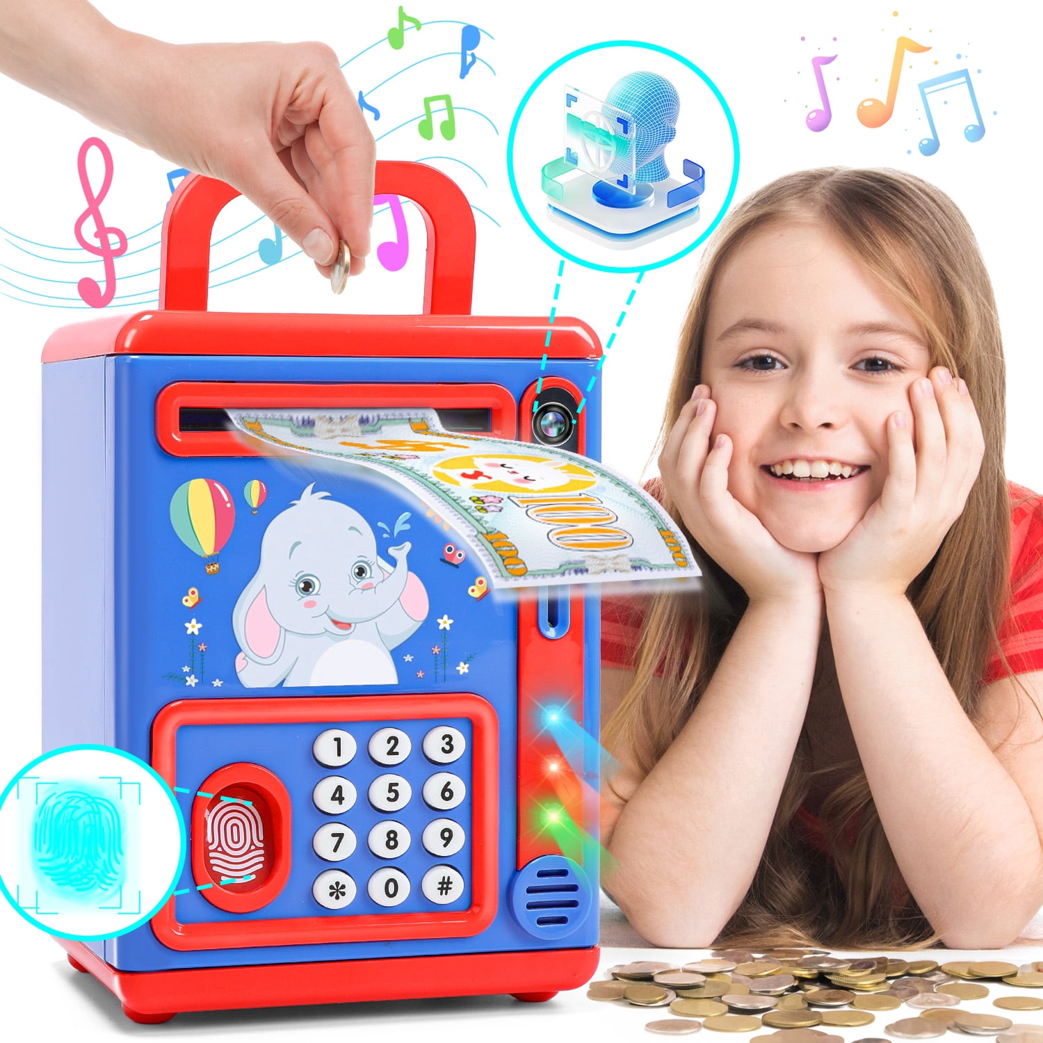 JoyStone Piggy Bank Toy with Light & Sound, Electronic Mini ATM Savings Machine Fingerprint ...