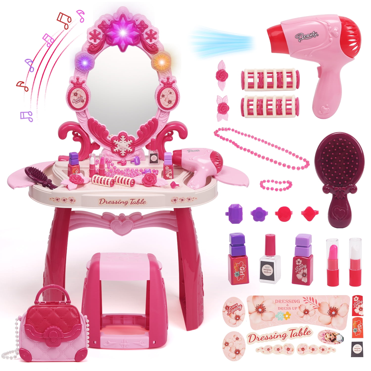 JoyStone Toddler Vanity Makeup Table with Mirror and Chair, Sound and ...