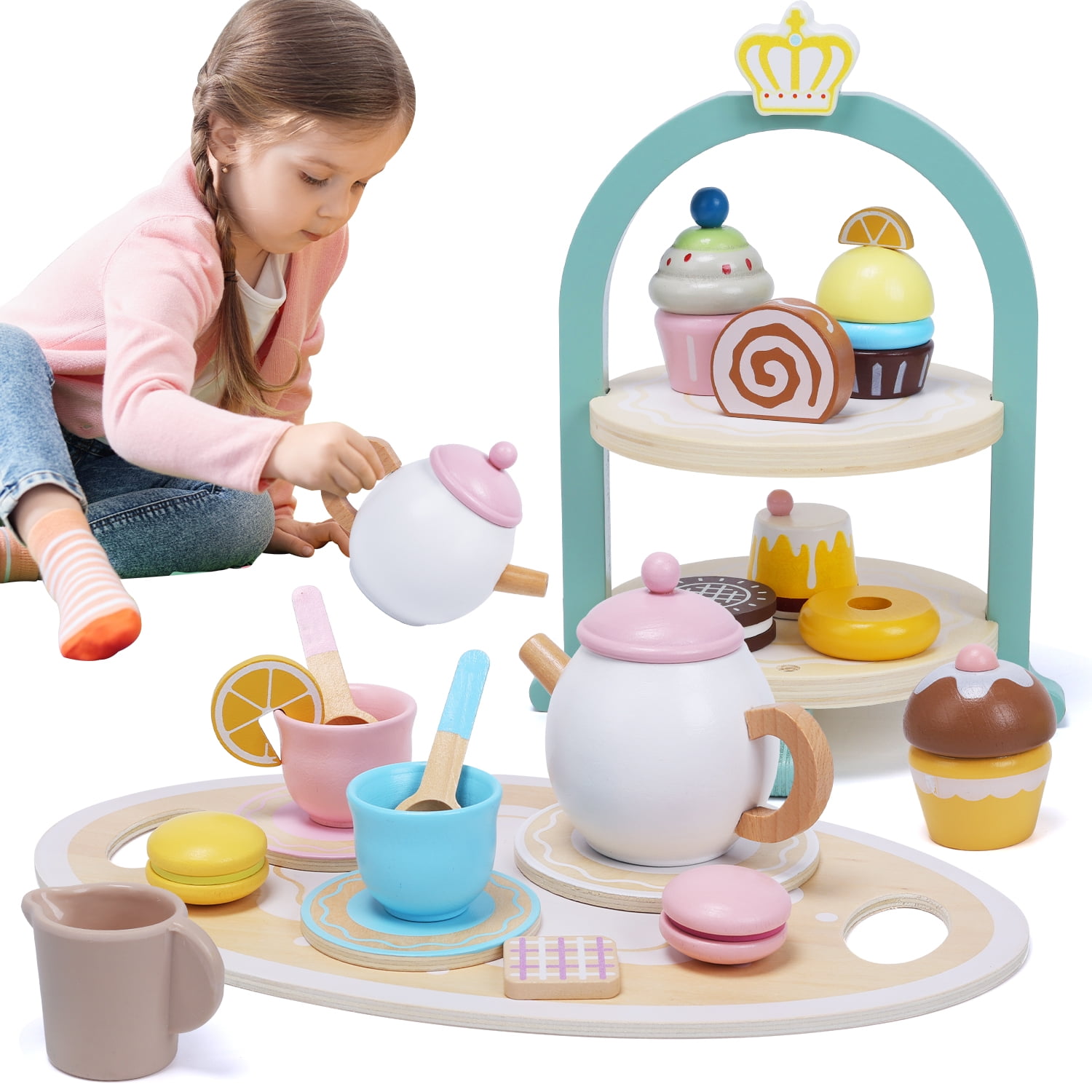 JoyStone Wooden Tea Party Set for Toddlers, Pretend Play Tea Sets for ...