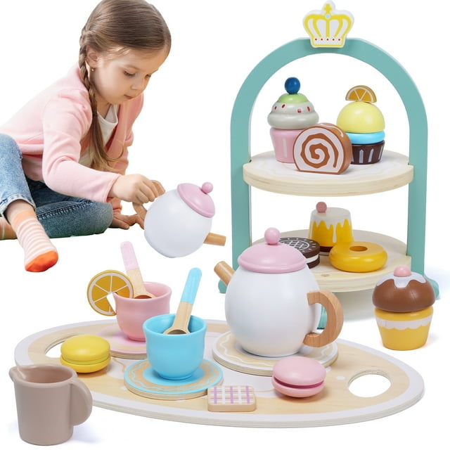 JoyStone Wooden Tea Party Set for Toddlers, Pretend Play Tea Sets for ...
