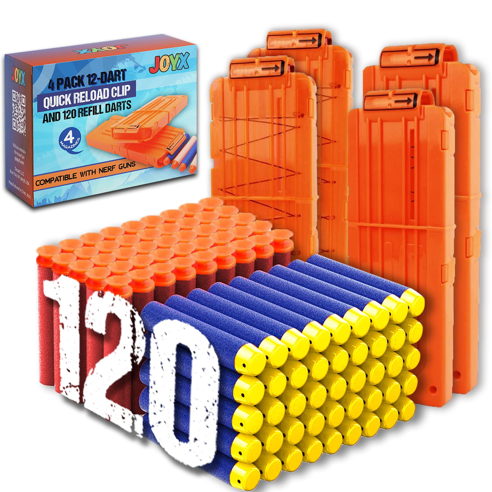 JoyX 4 Pack Toy Darts Bullet Clips with 120 Foam Darts for Nerf n ...