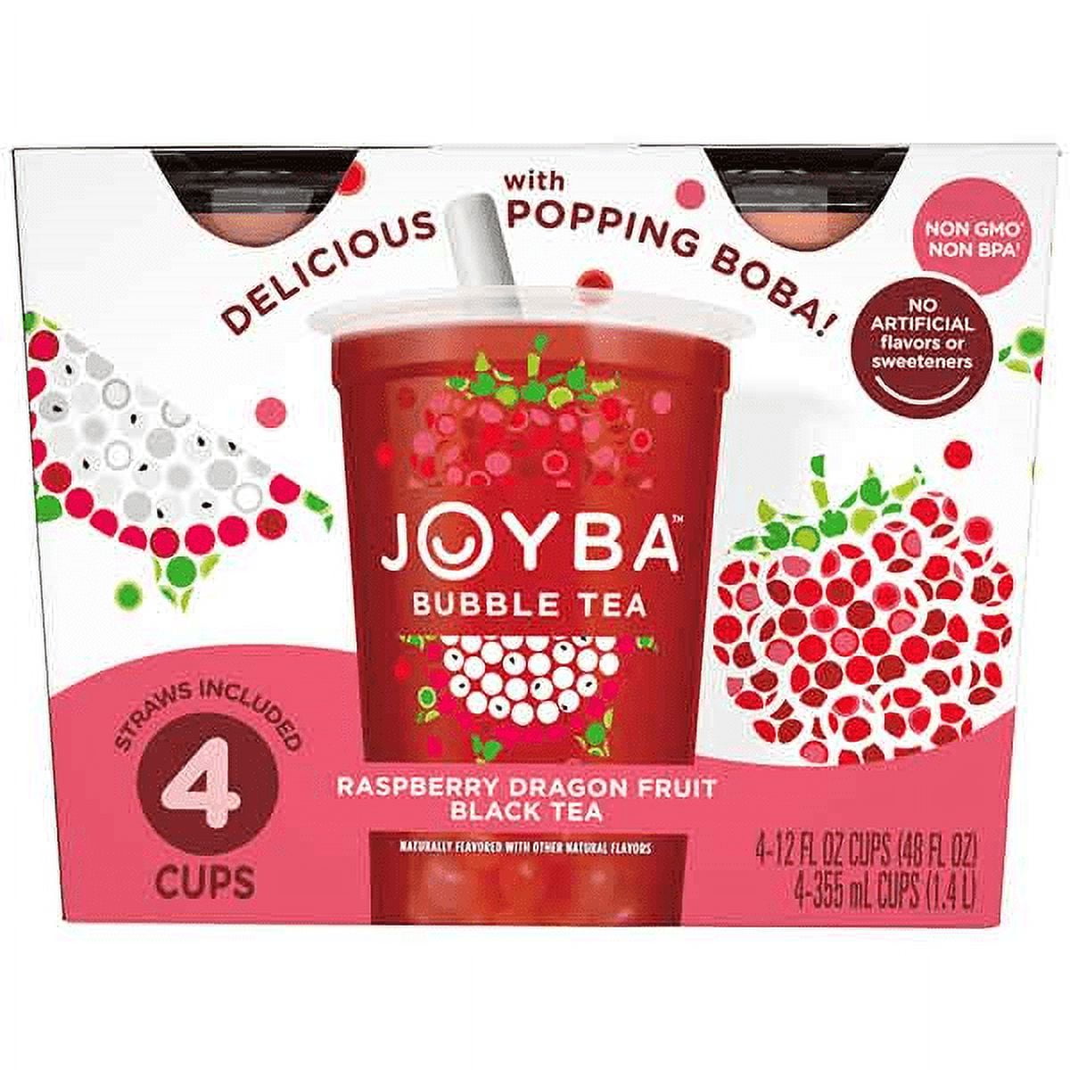 Joyba Bubble Tea Raspberry Dragonfruit Black Tea with Popping Boba, 4 ...