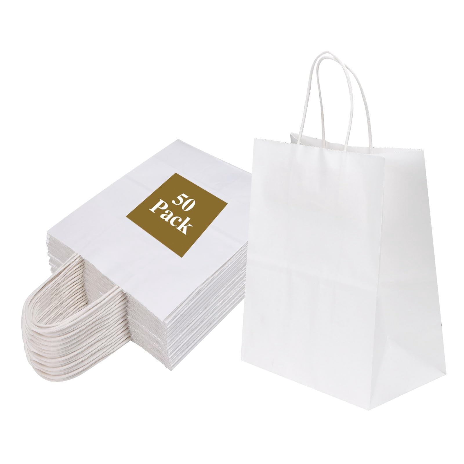Joybe 50 Pack 8x4.75x10 OKA4 Inch Medium White Kraft Bags with Handles ...