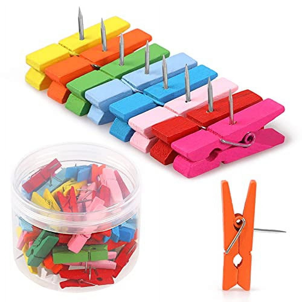 Joyberg 50 PCS Colorful Wooden Push Pins with Clips for Cork Boards ...