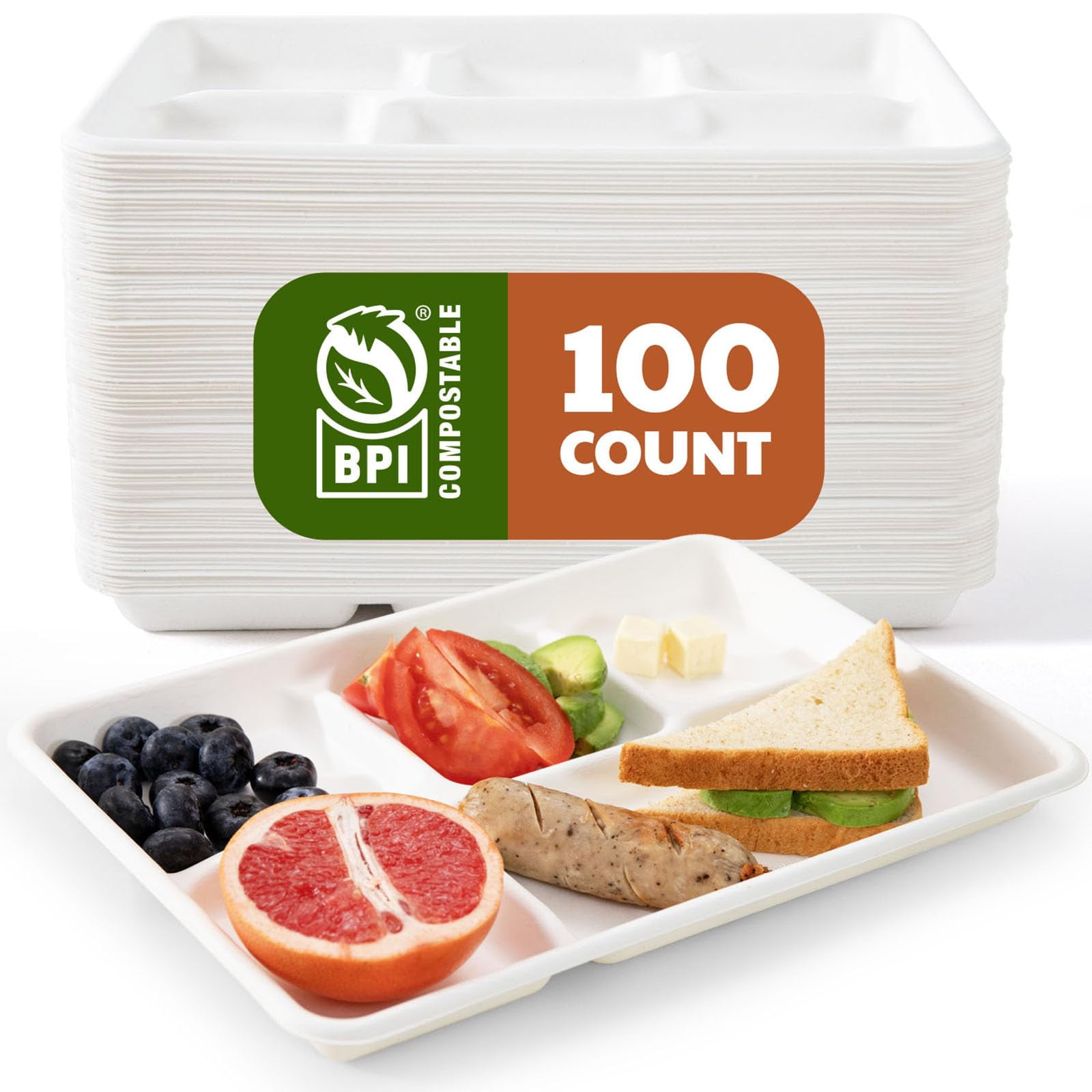 Joyborn Compostable 5-Compartment Paper IEF31 Plates, 100 Count, 8.6 ...