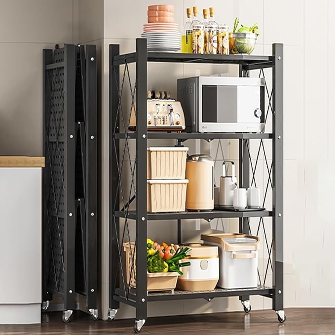 Joybos 4-Shelf Foldable Storage Shelves with Wheels, Heavy Duty Metal ...