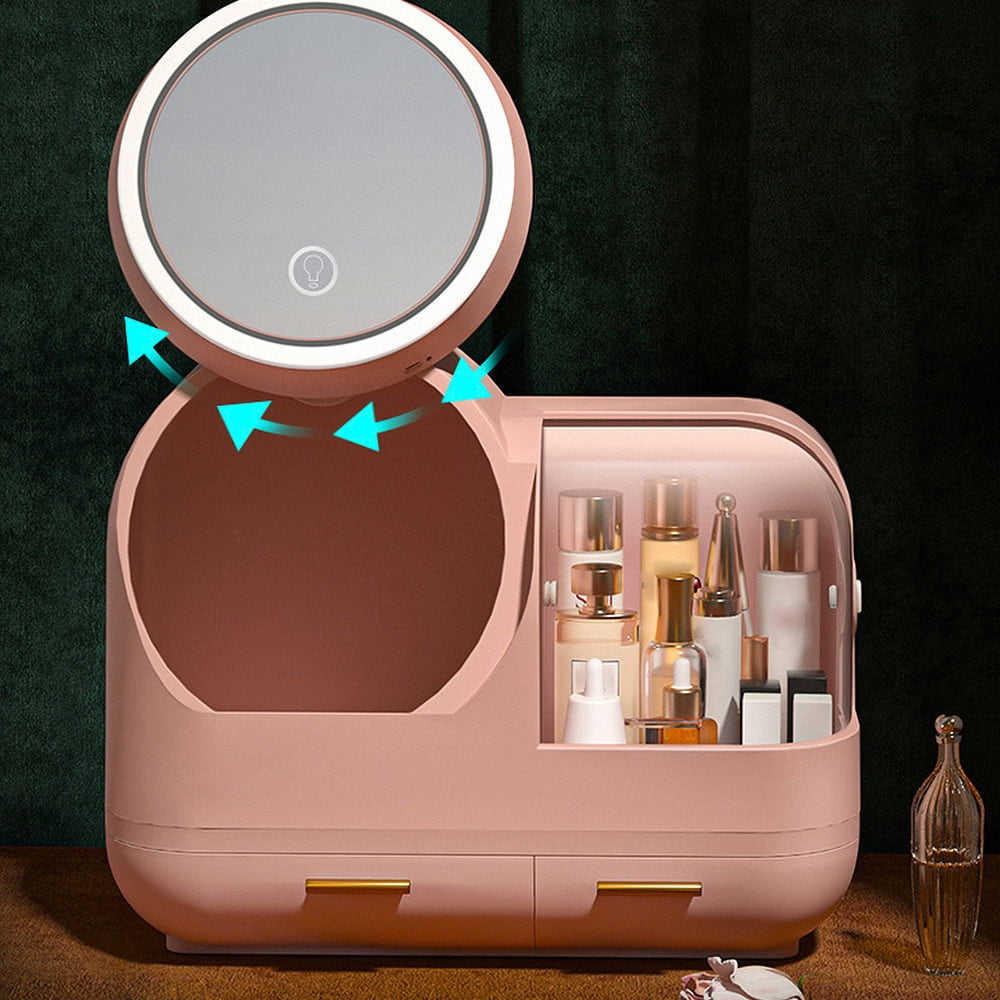 Joybos? Makeup Storage Organizer Box with Led Lighted Mirror Pink ...