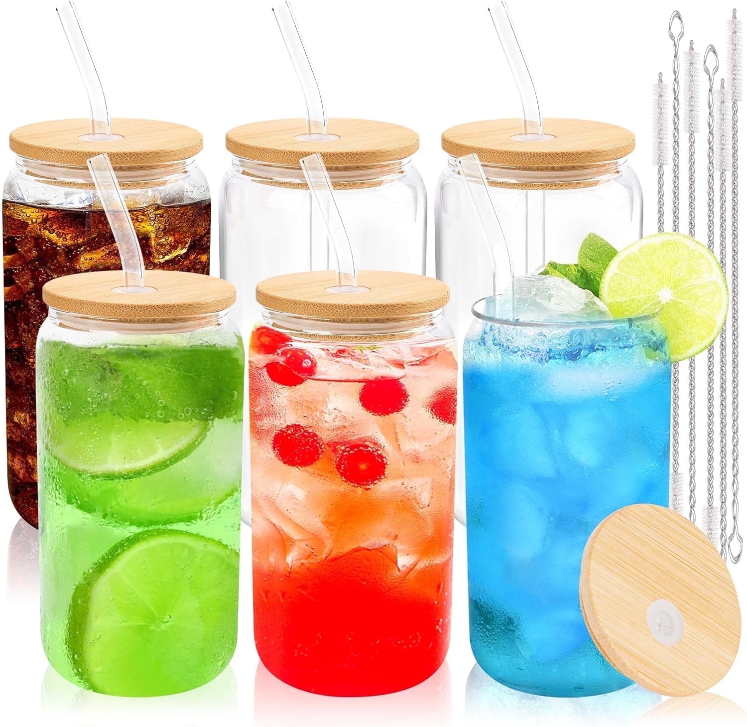 Joyclub 16 oz 6 Pack Glass Drinking Jars with Bamboo Lids and Straws ...