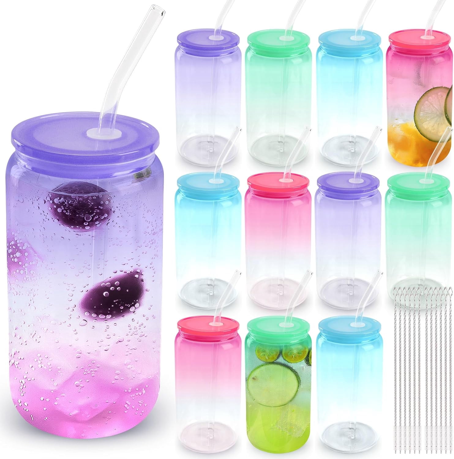 Joyclub 16oz Glass Cups with Acrylic Lids and Straws 12 Set Can Shaped ...