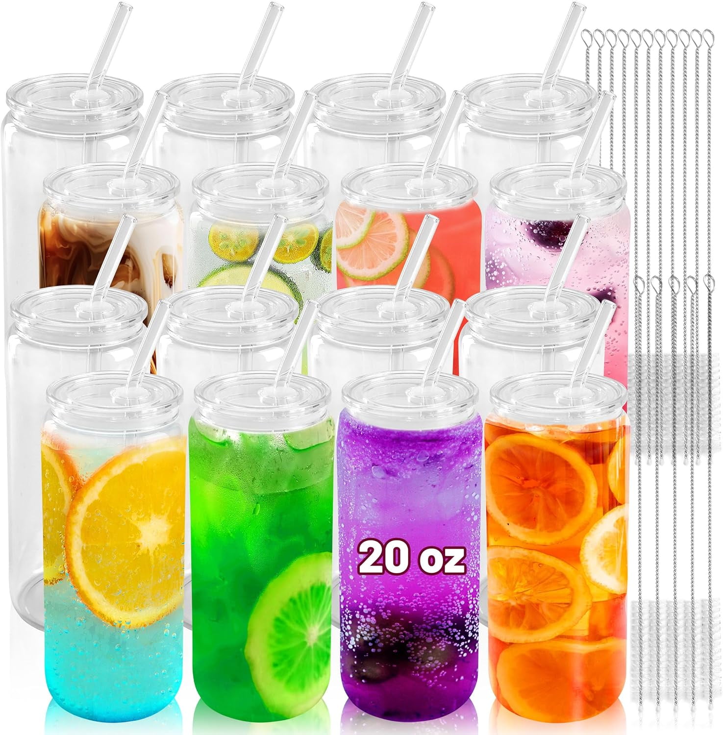 20 oz Glass Cups with Acrylic Lids and Straws 16pcs Can Shaped Glass ...