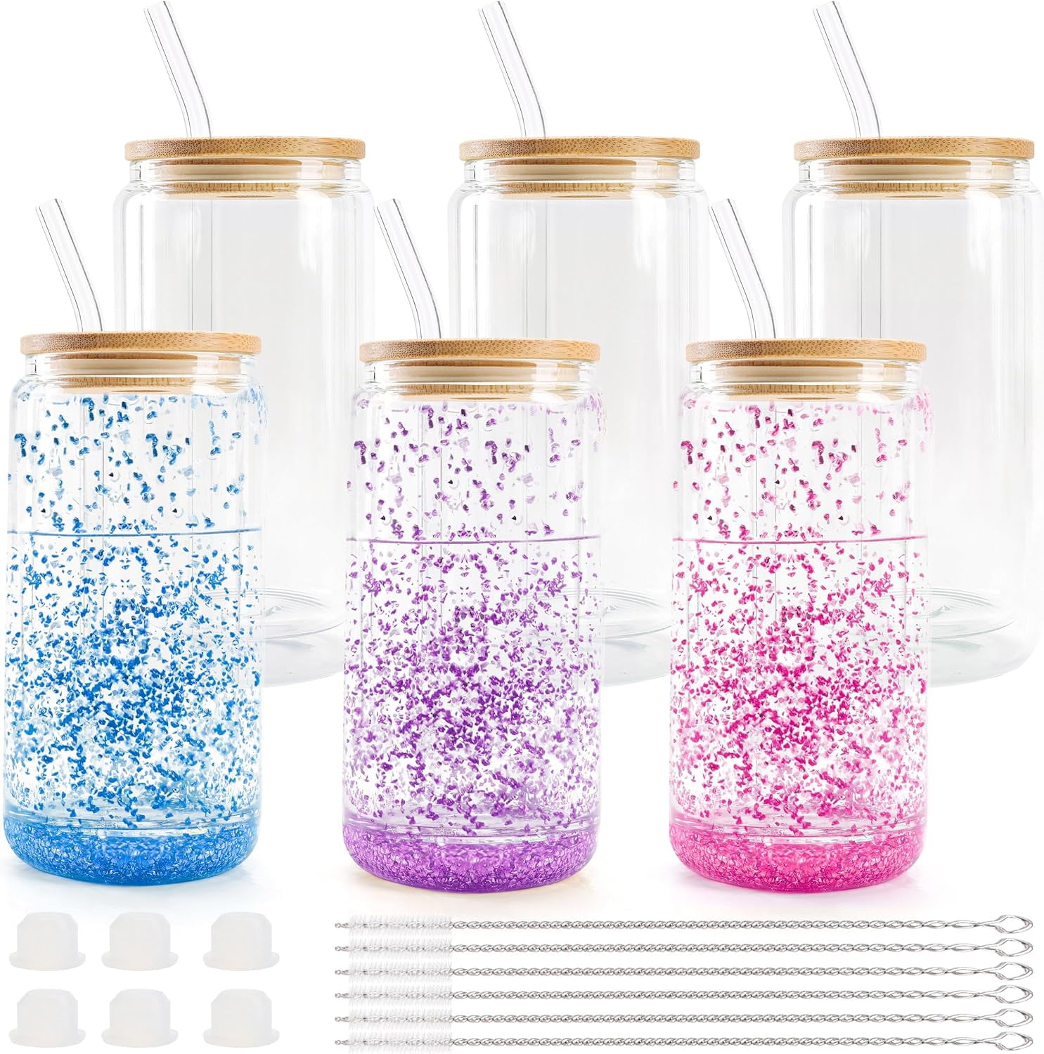 Joyclub 6 packs 16 oz Snow globe cups with double glass LIDS and straws ...