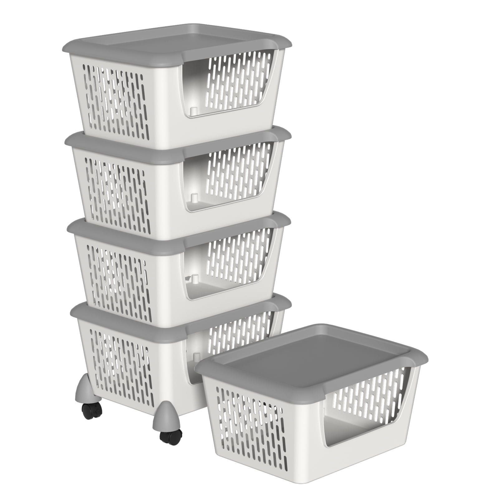 Joyeen 5 Pack Plastic Stacking Organizer Basket with Wheels, Grey ...