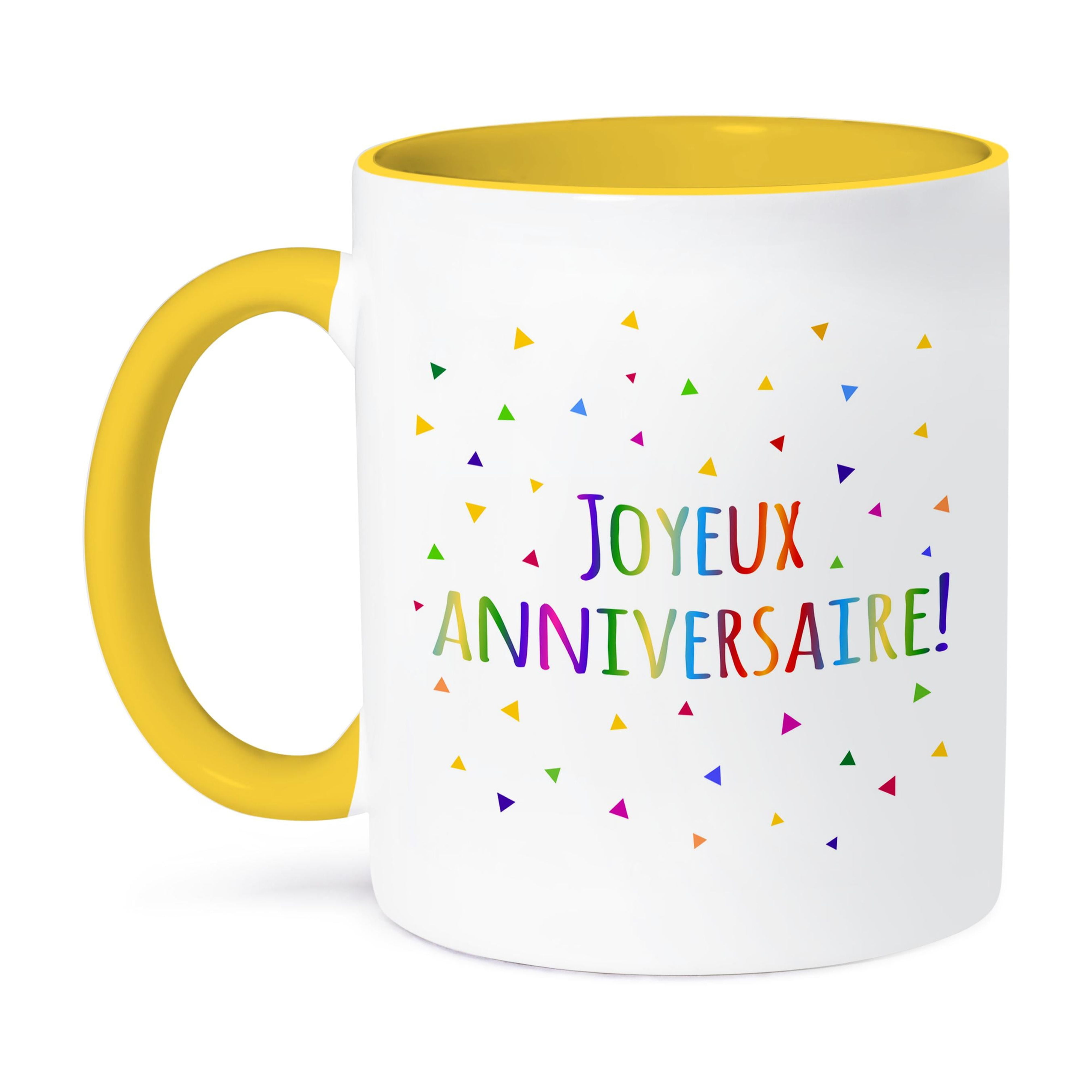 3dRose, Joyeux anniversaire - Happy birthday in French colorful rainbow text, 15oz Two-Tone ...