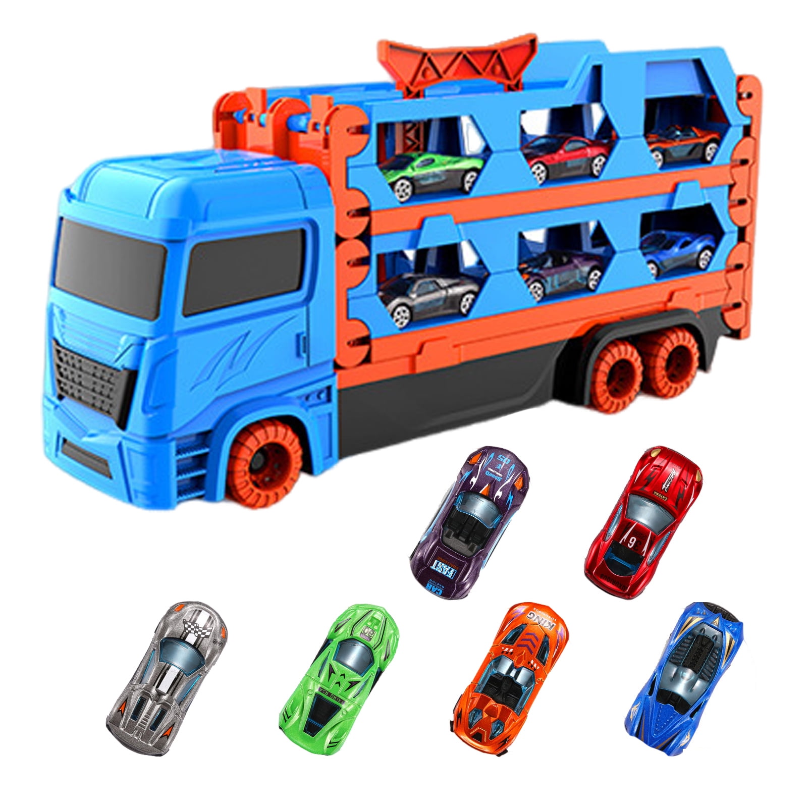 Joyfeel 1 Set Carrier Truck Toy with Foldable Long Track 6/12 Small Alloy Cars Portable Inertial ...