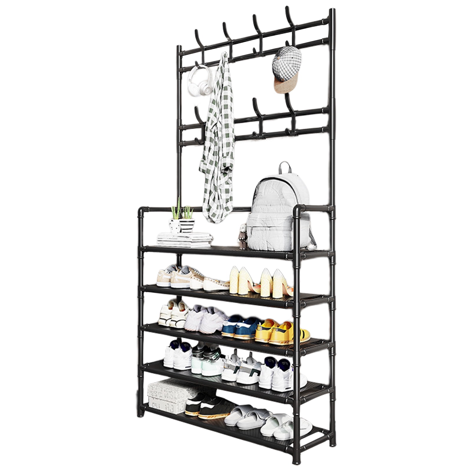 Joyfeel Free Standing Large Capacity Shoes Rack Multiple Hooks Strong Load-bearing 5 Tiers Hat ...