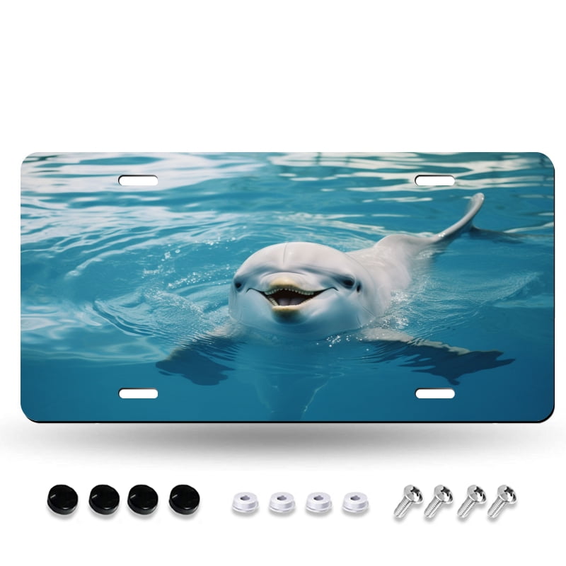 Joyful - Looking Beluga Whale Swimming in Blue Water License Plate ...