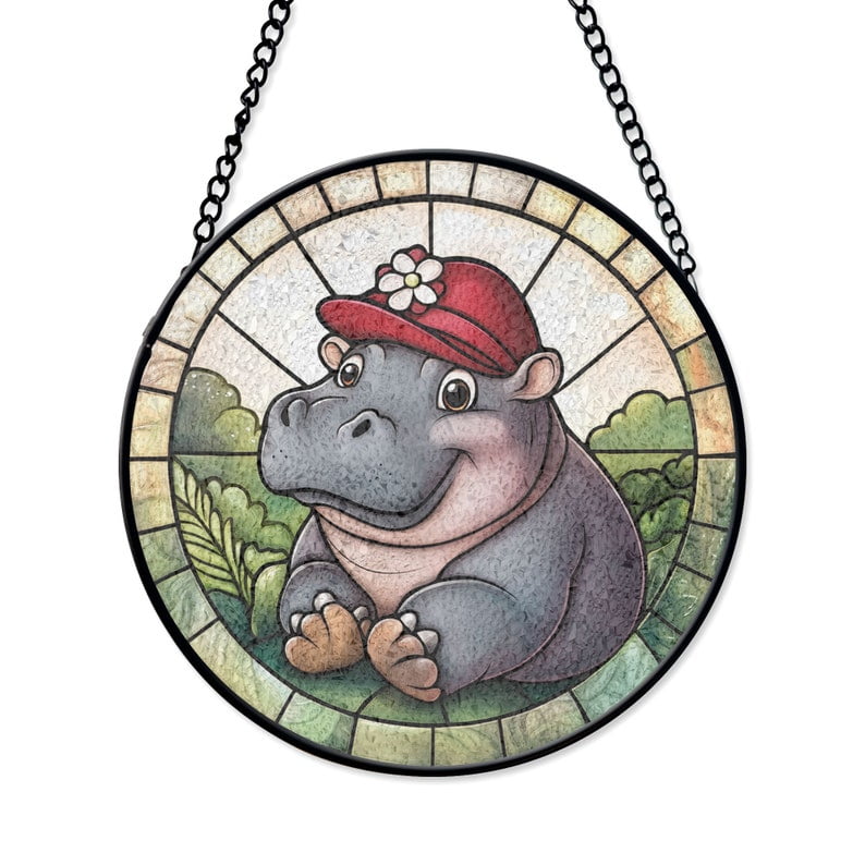 Joyful Moo Deng Hippo Stained Glass Window Hanging – Ideal Gift for Mom, Grandma, and Her ...