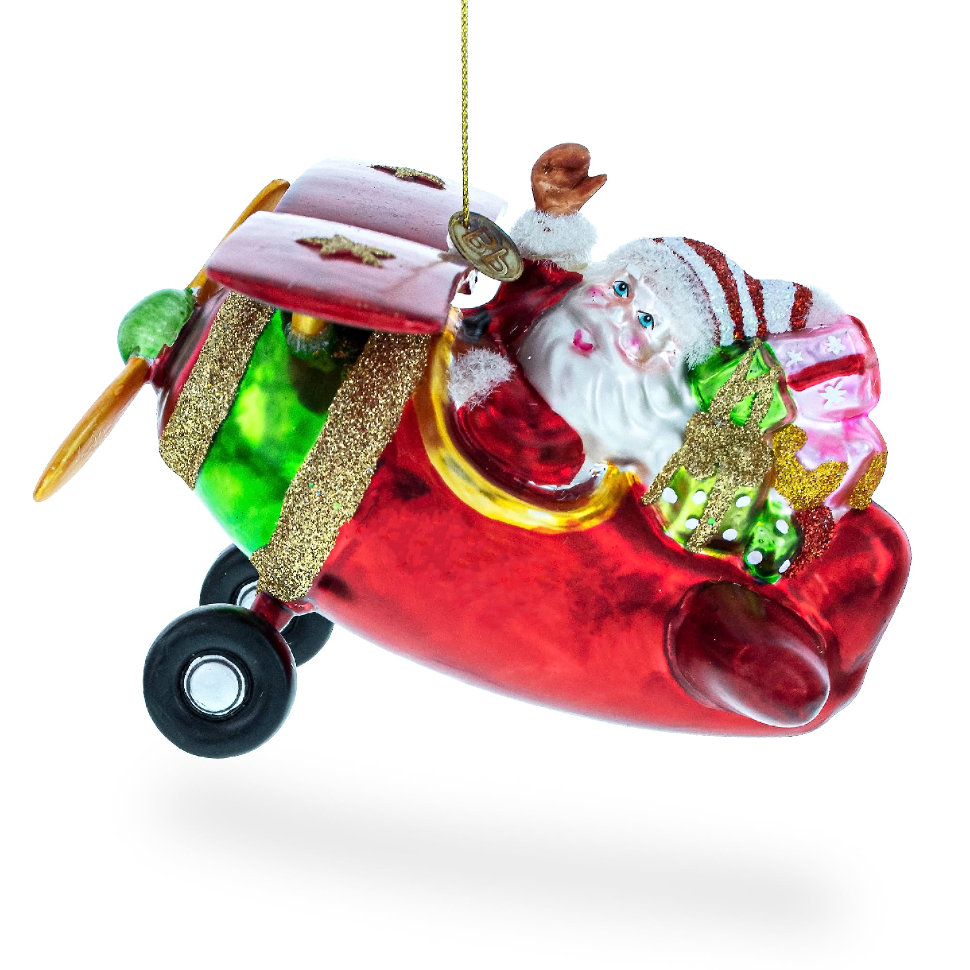 Joyful Pilot Santa Flying Airplane - Festive Blown Glass Christmas ...