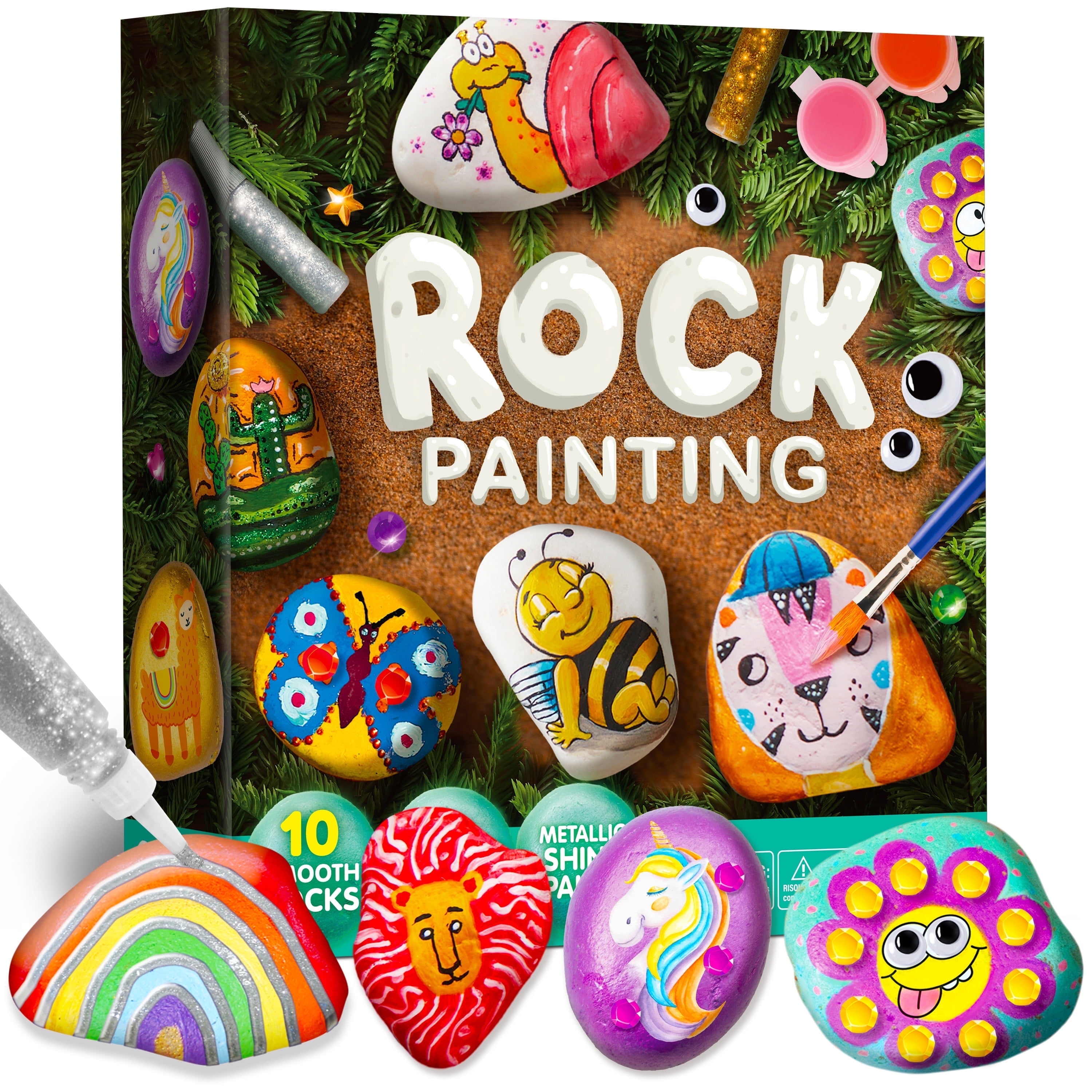 Joyfy Rock Painting Kit for Kids Ages 3+ with 12 Rocks, Paints, Glitter ...