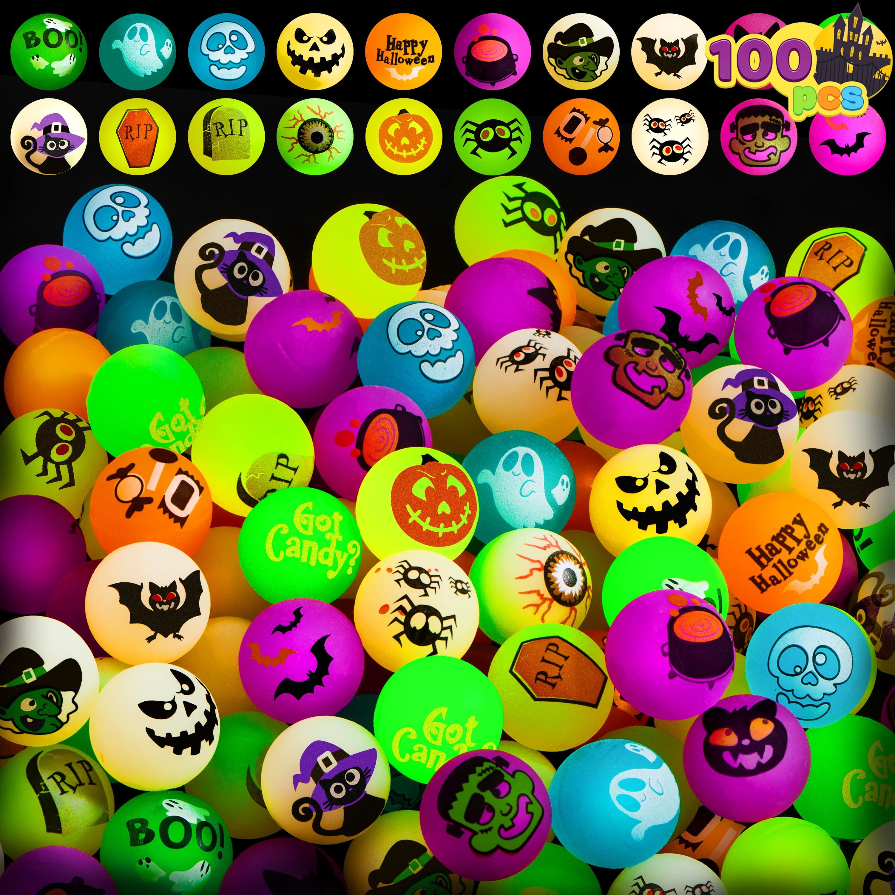 Joyfy 100 Pcs Halloween Bouncy Balls,20 Designs Glow in The Dark Bouncy ...
