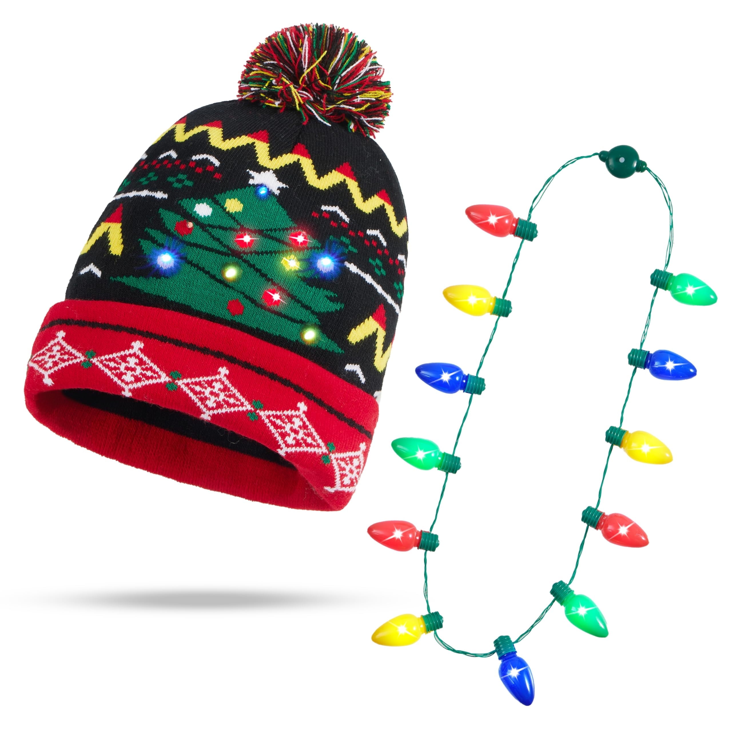 Joyfy LED Christmas Hat with Light-up Bulb Necklace,Light Up Ugly ...