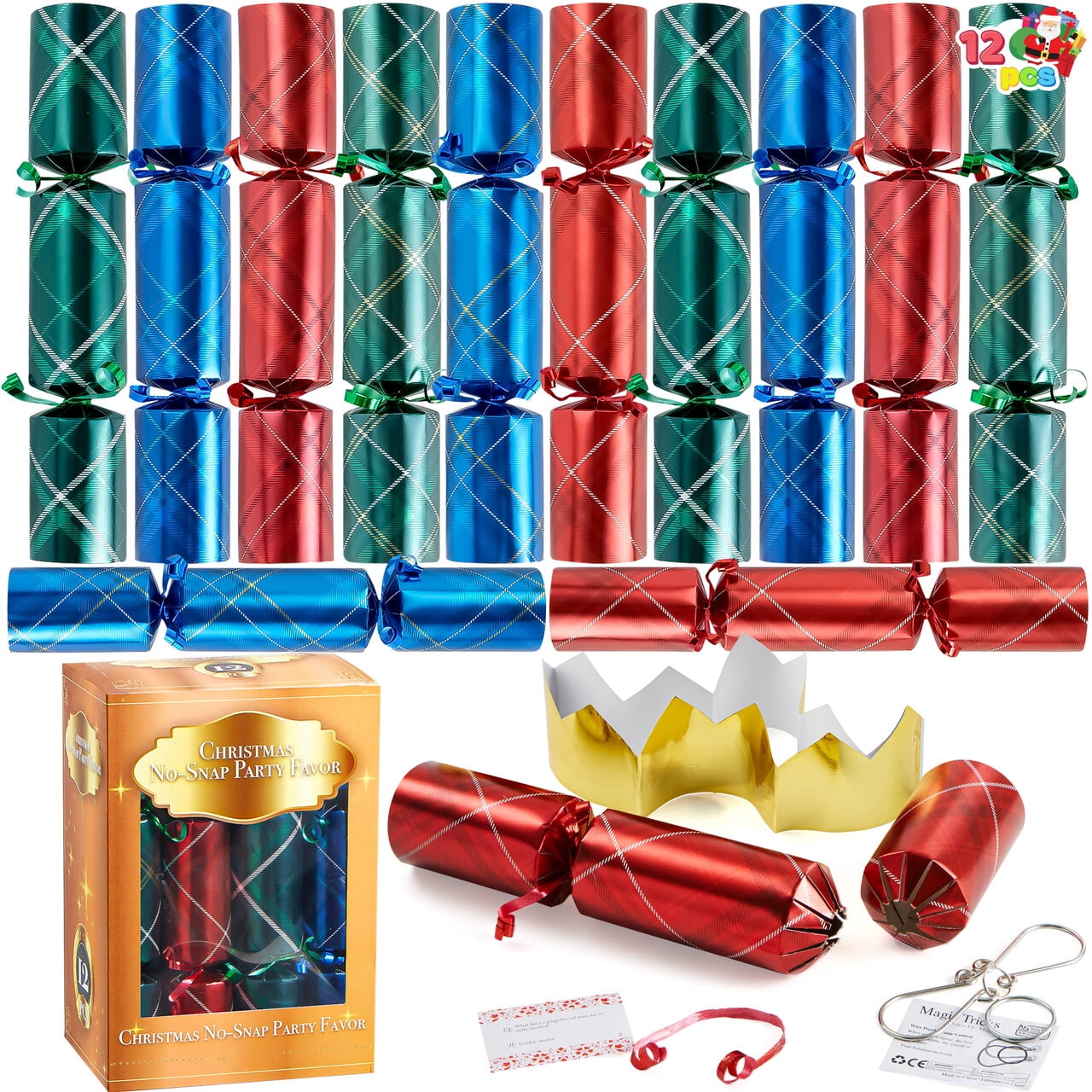 Joyfy 12 Pcs Christmas Crackers Party Favor Non-Snap Red, Blue & Green ...