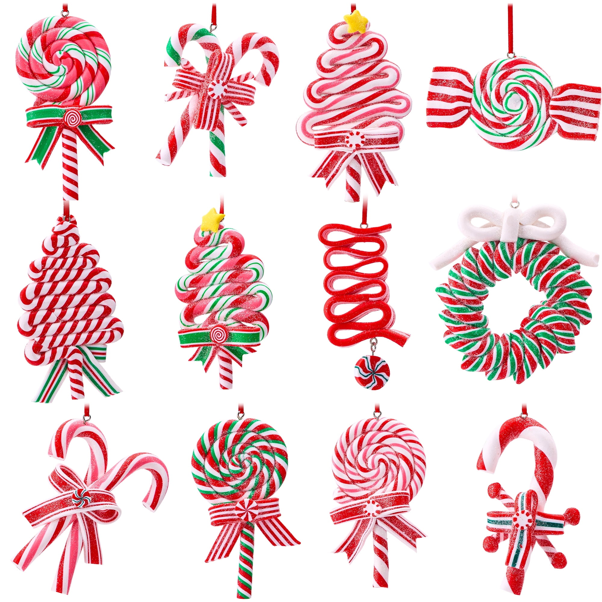 Joyfy 12 Pcs Christmas Candy Cane Ornament with Wreaths, Lollipop ...